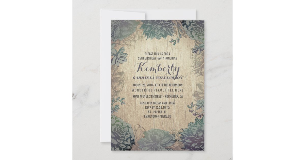 Vintage Succulents Rustic Wood Birthday Party Invitation | Zazzle