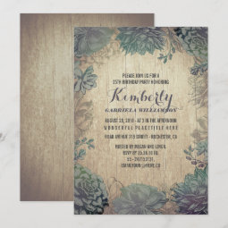 Vintage Succulents Rustic Wood Birthday Party Invitation | Zazzle