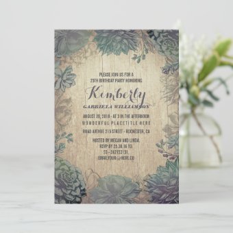 Vintage Succulents Rustic Wood Birthday Party Invitation | Zazzle
