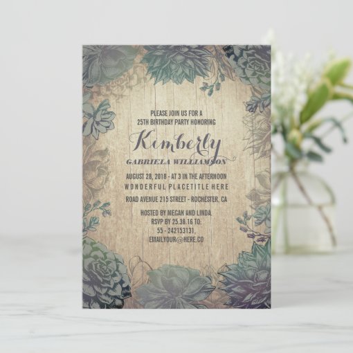 Vintage Succulents Rustic Wood Birthday Party Invitation | Zazzle