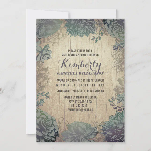 Vintage Succulents Rustic Wood Birthday Party Invitation | Zazzle