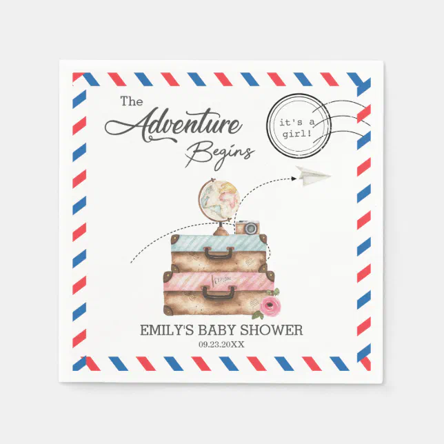 Vintage Suitcase Baby Shower Girl Adventure Postal Napkins | Zazzle