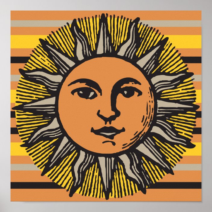 Vintage sun face woodcut stone poster | Zazzle.com