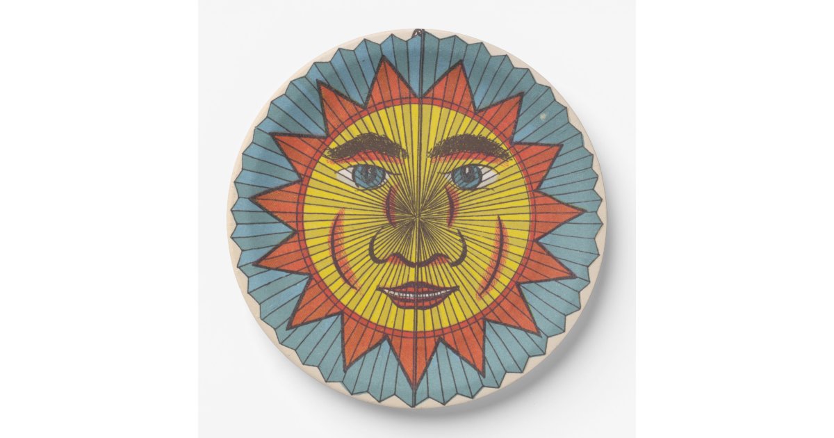 Vintage Sun with Smiling Face Paper Plates | Zazzle