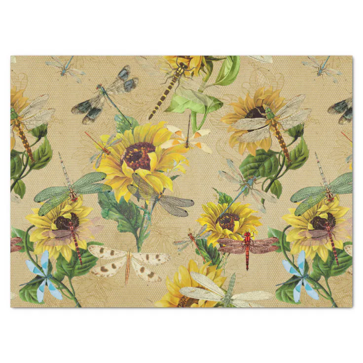 Vintage Sunflowers and Dragonflies Decoupage Tissue Paper | Zazzle