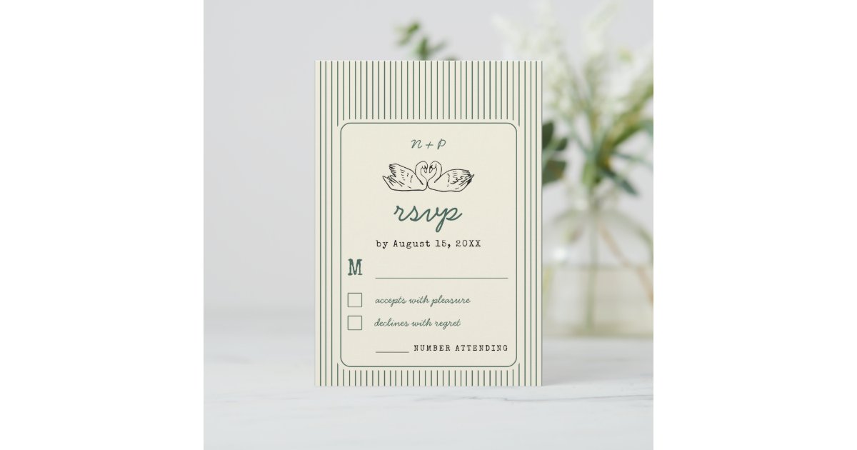 Vintage Swan Monogram Retro Green Stripes Wedding RSVP Card | Zazzle