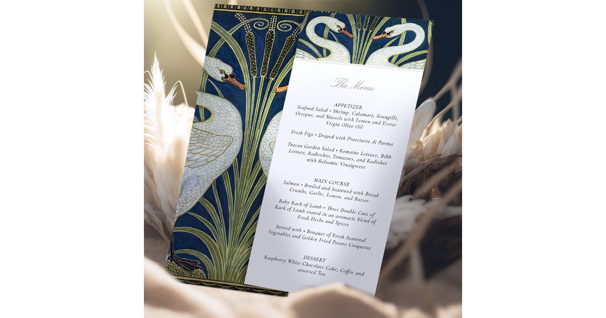 Vintage Swans Art Deco Wedding Menu Card | Zazzle