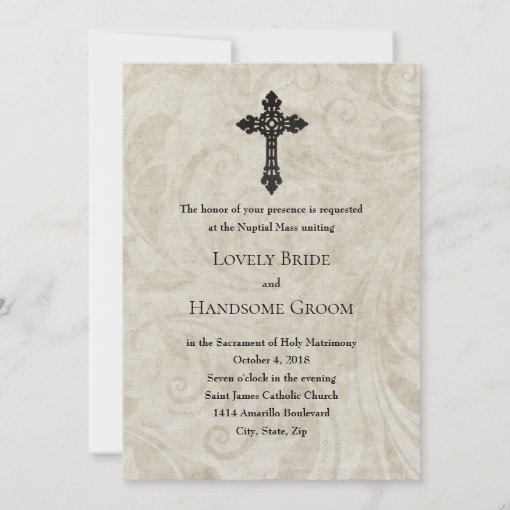 Vintage Swirl Catholic Cross Wedding Invitation | Zazzle