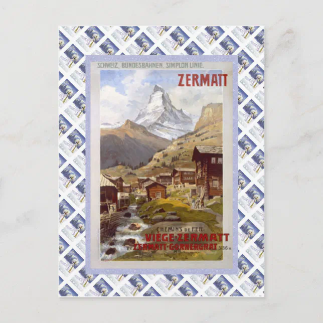 Vintage Swiss Raulway Poster, Zermatt Postcard | Zazzle