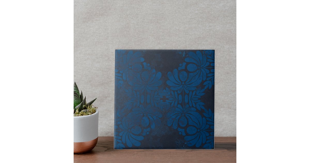 Vintage Symmetrical Dark Blue Floral Pattern Ceramic Tile | Zazzle
