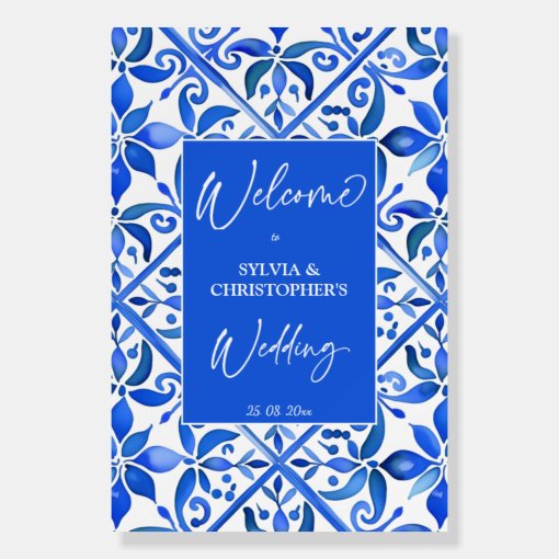 Vintage Talavera blue tile Spanish wedding welcome Foam Board | Zazzle