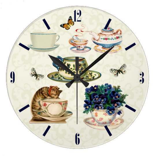 Vintage Tea cups & tea pot Butterflies Wall Clock | Zazzle.com