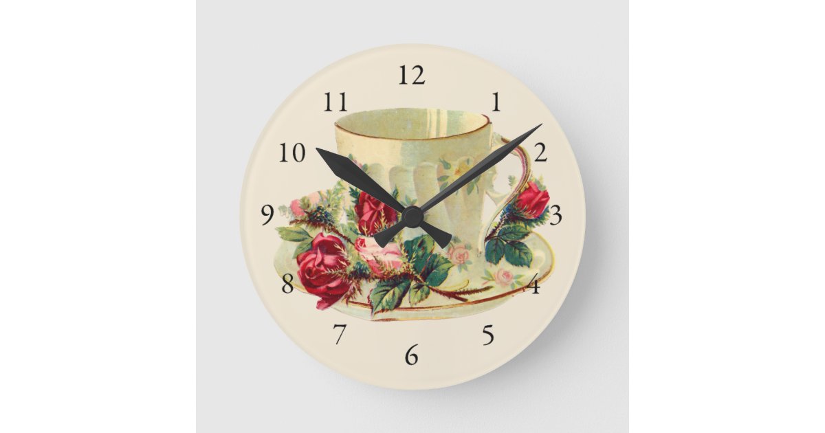Vintage Teacup for Tea Time Round Clock | Zazzle