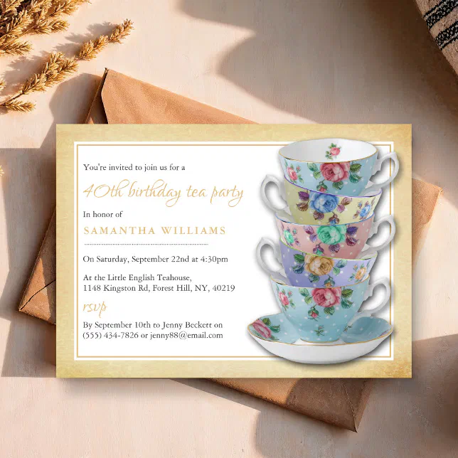 Vintage Teacups Birthday Tea Party Invitation | Zazzle