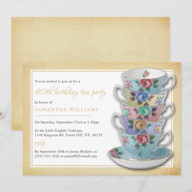 Vintage Teacups Birthday Tea Party Invitation | Zazzle