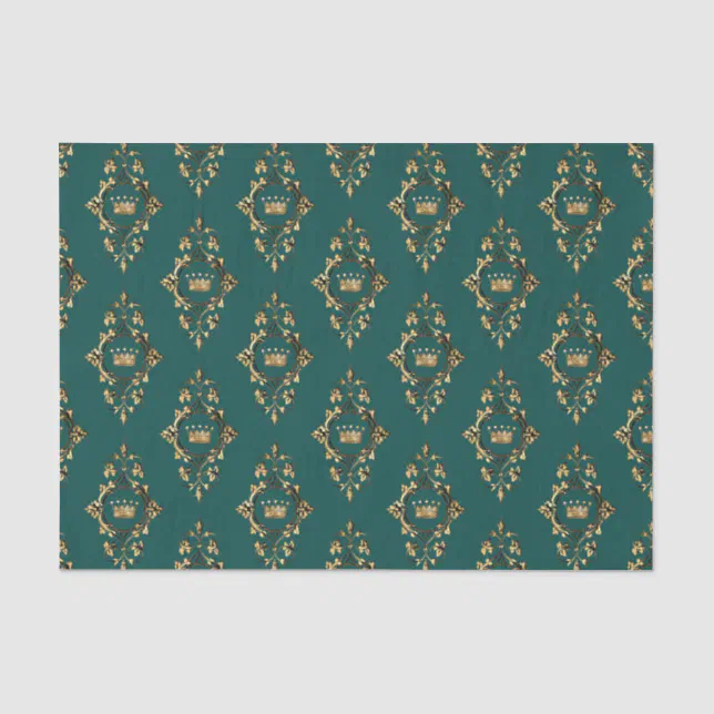 Vintage Teal and Gold Heraldic Princess Pattern Tissue Paper | Zazzle