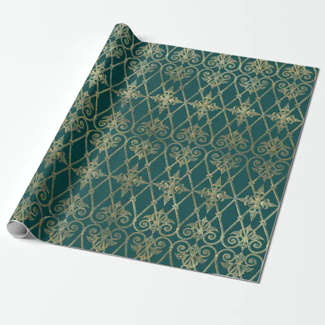 Vintage Teal and Gold Pattern Wrapping Paper | Zazzle