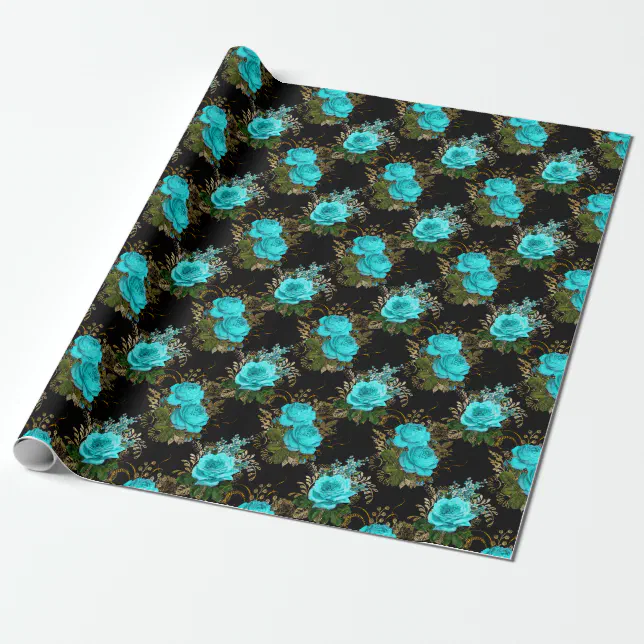 Vintage Teal and Gold Roses Wrapping Paper | Zazzle