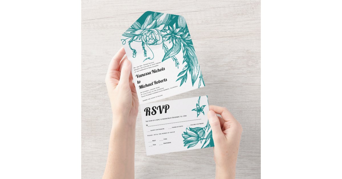Vintage teal blue line art flowers wedding all in one invitation | Zazzle