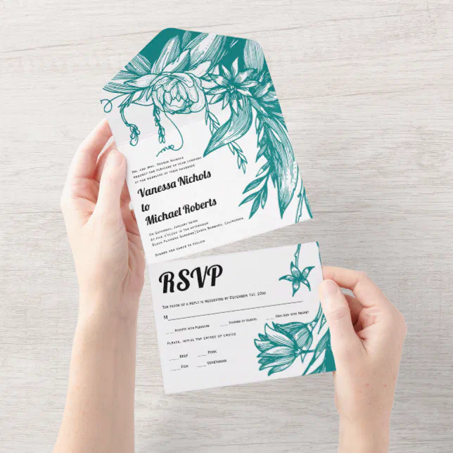Vintage teal blue line art flowers wedding all in one invitation | Zazzle