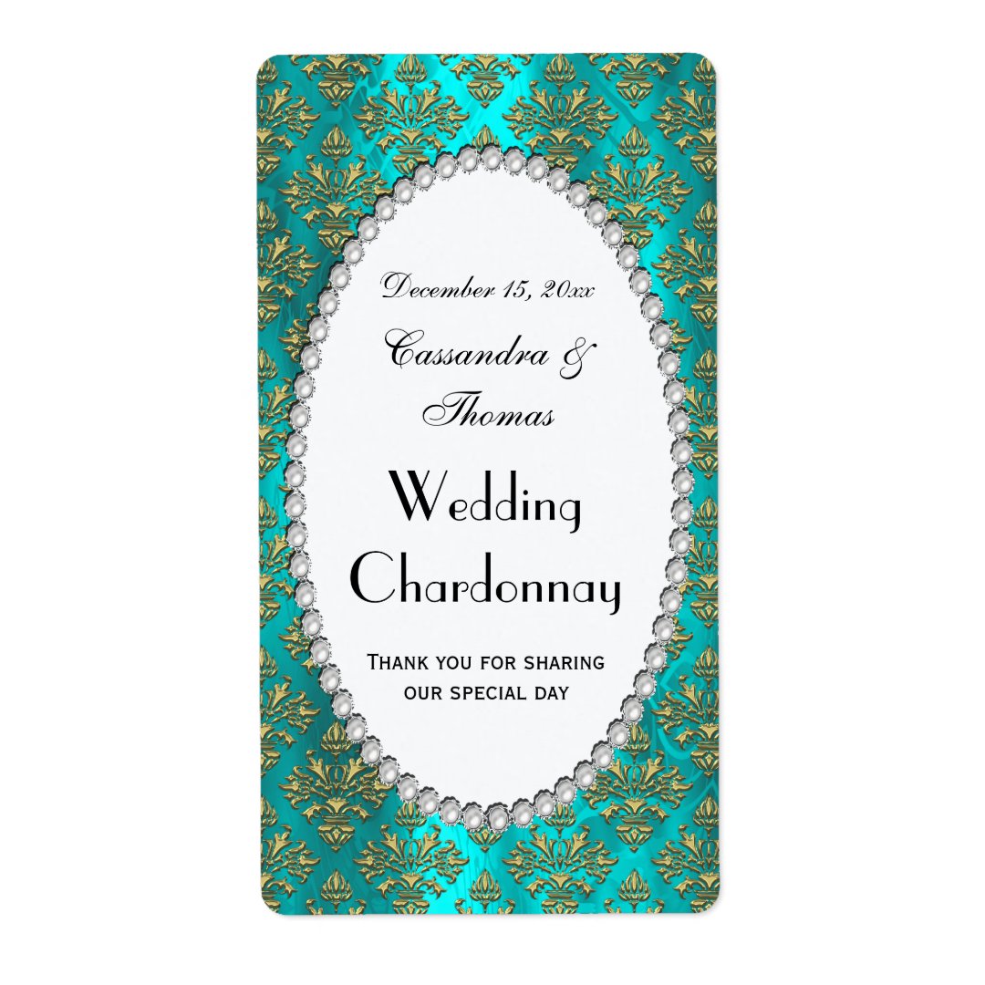 Vintage Teal Gold Damask Pearl V Wine Bottle Label | Zazzle