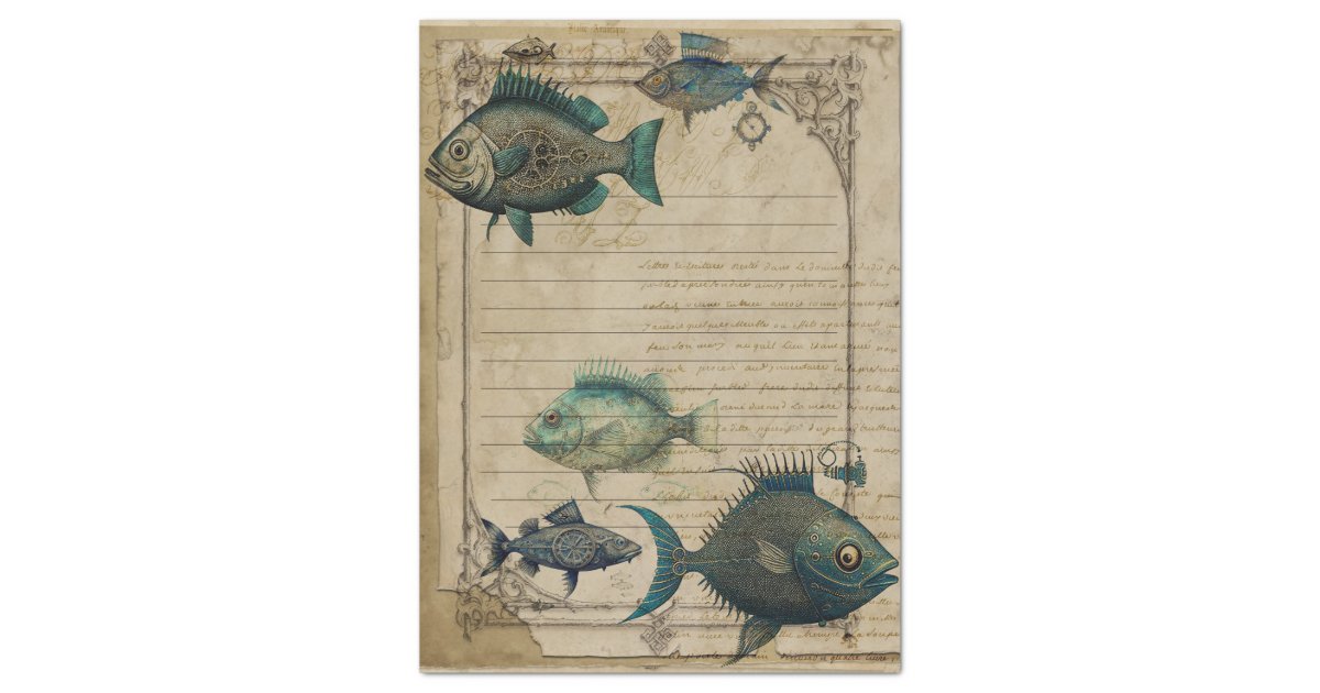 Vintage Teal Steampunk Fish Decoupage Tissue Paper | Zazzle