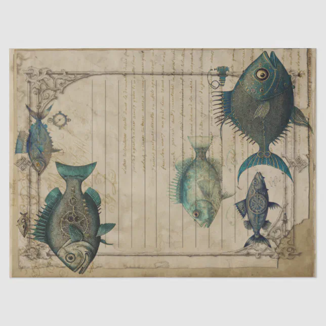 Vintage Teal Steampunk Fish Decoupage Tissue Paper | Zazzle