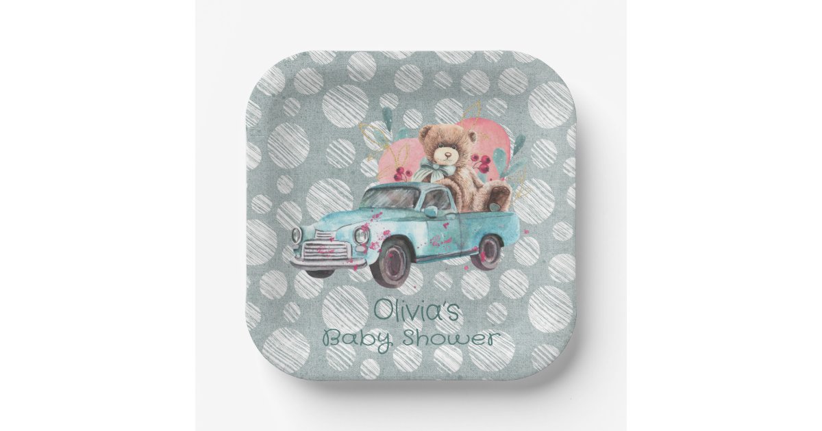 Vintage Teal Truck Teddy Bear Baby Shower Paper Plates | Zazzle