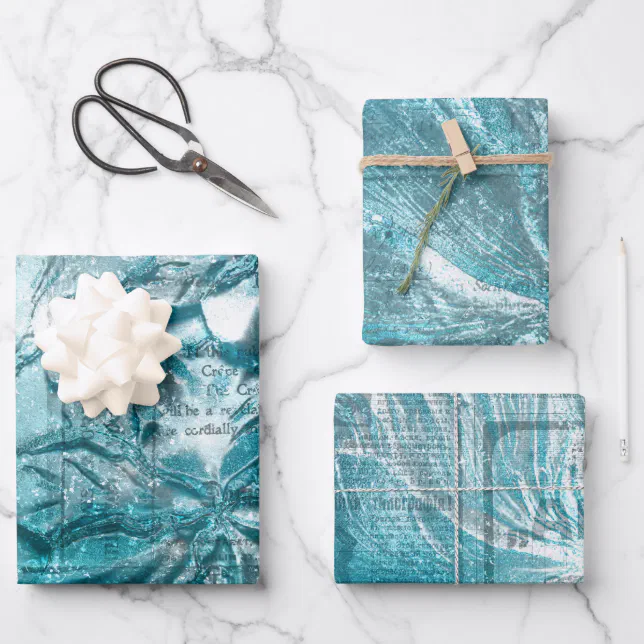 Vintage Teal White Floral Pattern Glitter Sparkle Wrapping Paper Sheets ...