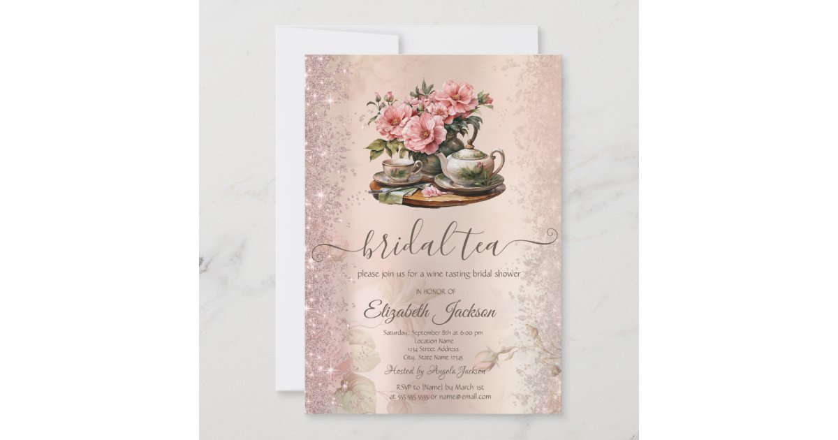 Vintage Teapot Flowers Glitter Sparkle Invitation | Zazzle