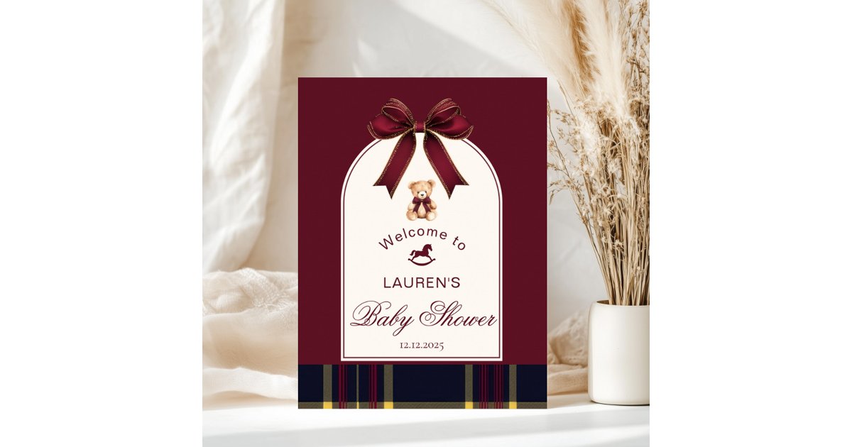 Vintage Teddy Bear Wine red Bow Preppy Welcome Poster | Zazzle