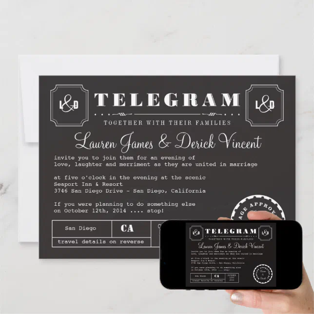 Vintage Telegram Invitation Card in Black | Zazzle