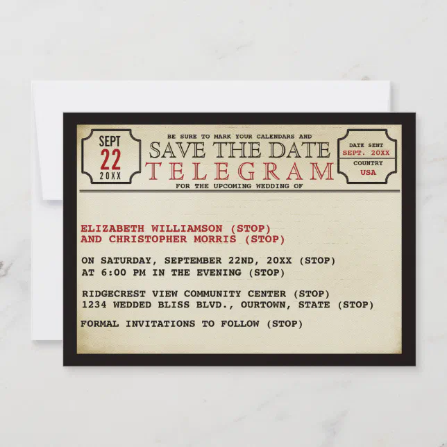 Vintage Telegram Style Save The Date | Zazzle