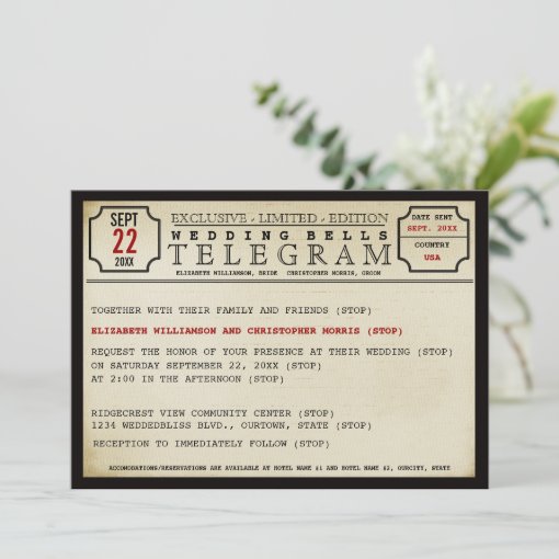 Vintage Telegram Style Wedding Invitation | Zazzle