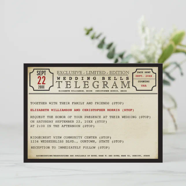 Vintage Telegram Style Wedding Invitation | Zazzle