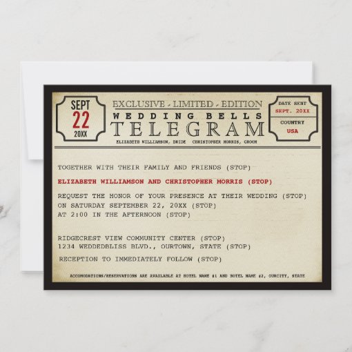 Vintage Telegram Style Wedding Invitation | Zazzle