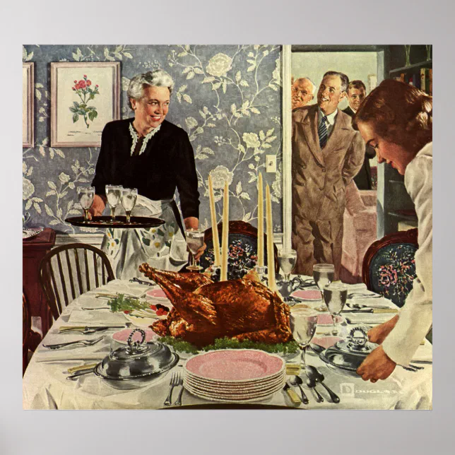 Vintage Thanksgiving Day Turkey Dinner with Family Poster | Zazzle