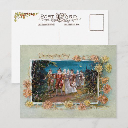 Vintage Thanksgiving Pilgrims in Moonlight Holiday Postcard | Zazzle