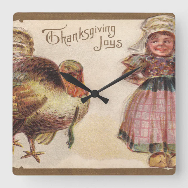 Vintage Thanksgiving Turkey with Pilgrim girl Square Wall Clock | Zazzle
