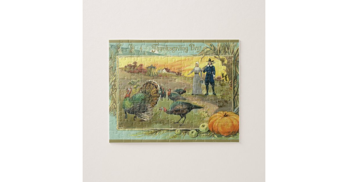 Vintage Thanksgiving with Turkeys and Pilgrims Jigsaw Puzzle | Zazzle