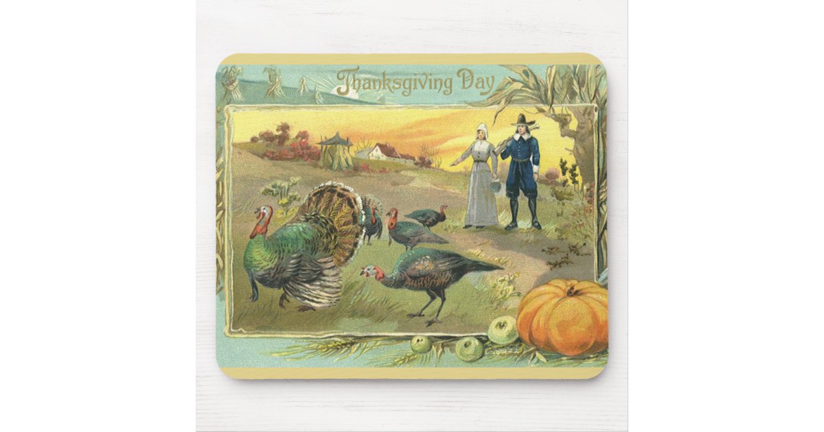 Vintage Thanksgiving with Turkeys and Pilgrims Mouse Pad | Zazzle