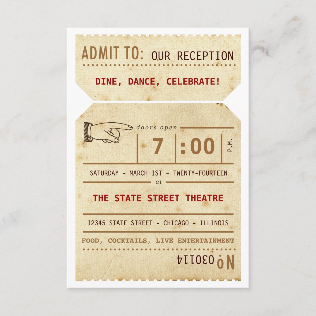 Vintage Theater Ticket Reception Insert Card | Zazzle