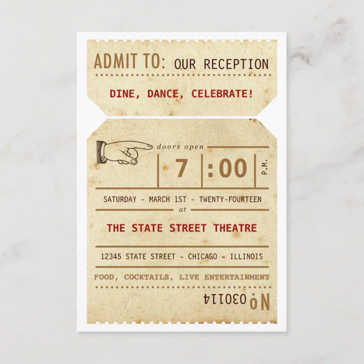 Vintage Theater Ticket Reception Insert Card | Zazzle