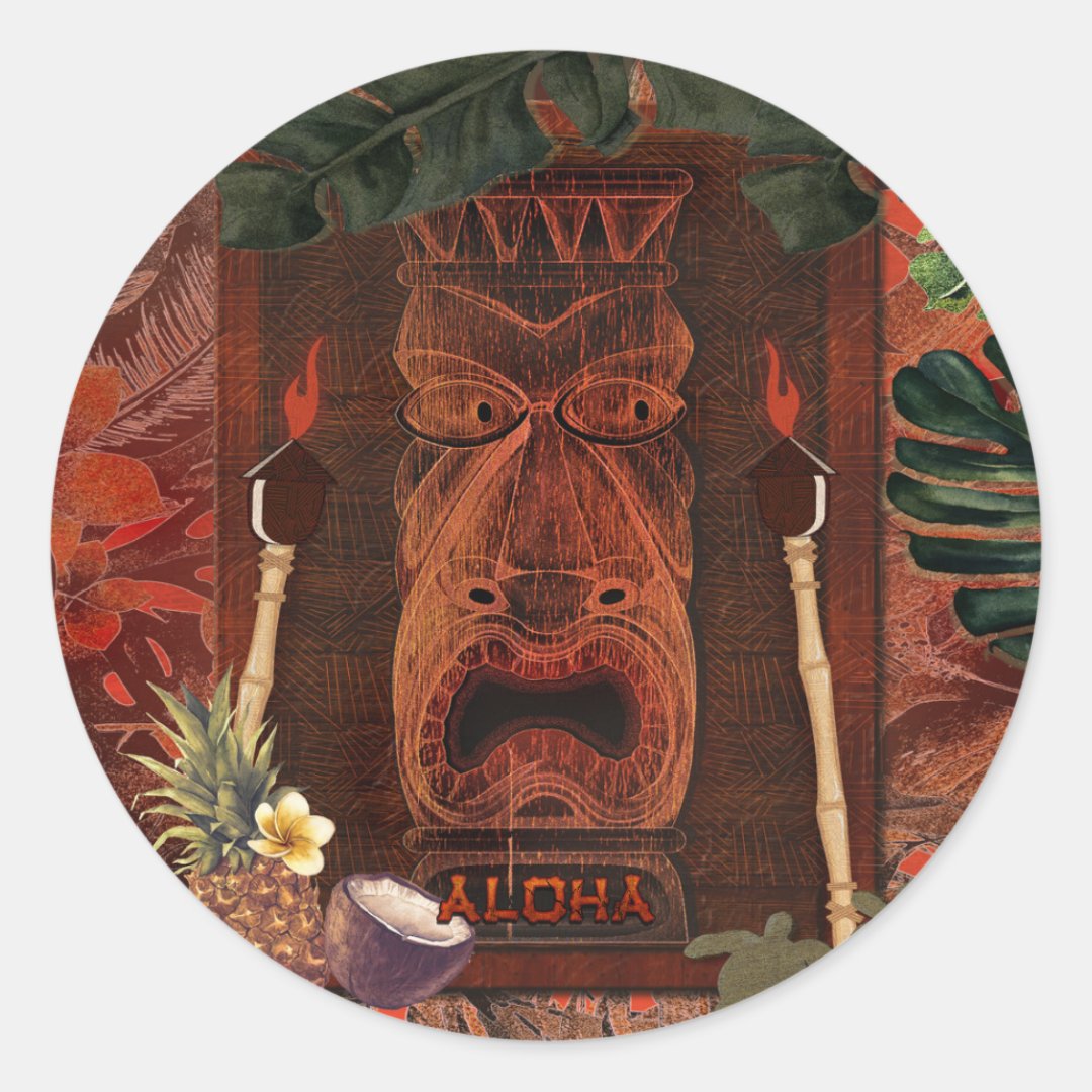 Vintage Tiki Aloha Hawaiian Luau Birthday Party Classic Round Sticker ...