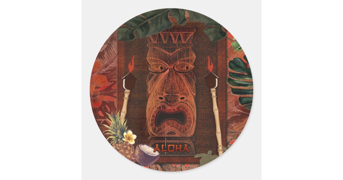 Vintage Tiki Aloha Hawaiian Luau Birthday Party Classic Round Sticker ...