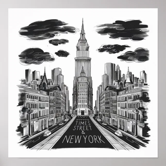 vintage times square street pen drawing poster | Zazzle