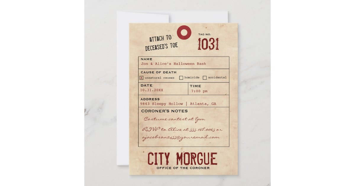 Vintage Toe Tag Adult Halloween Party Invite | Zazzle