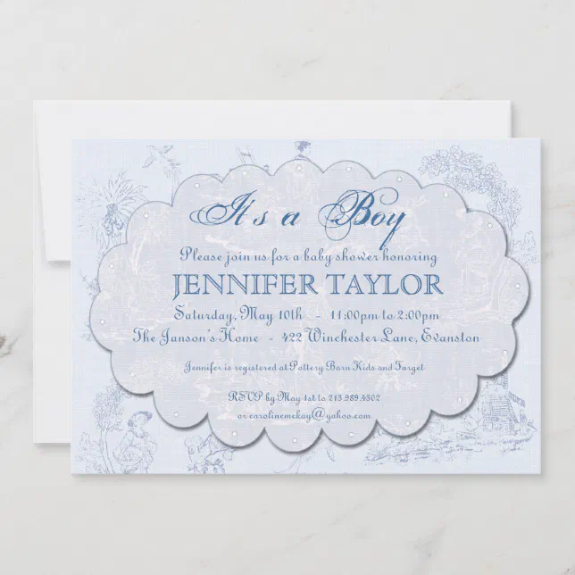 Vintage Toile Baby Shower Invitation Blue | Zazzle