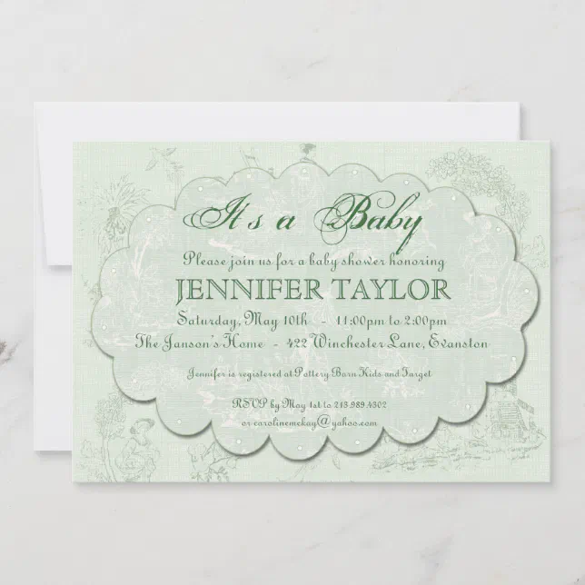 Vintage Toile Baby Shower Invitation Green | Zazzle