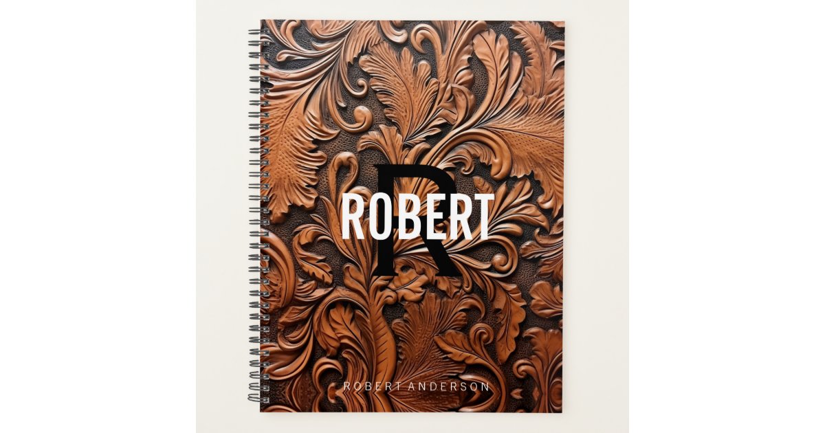 Vintage tooled leather monogram name planner | Zazzle